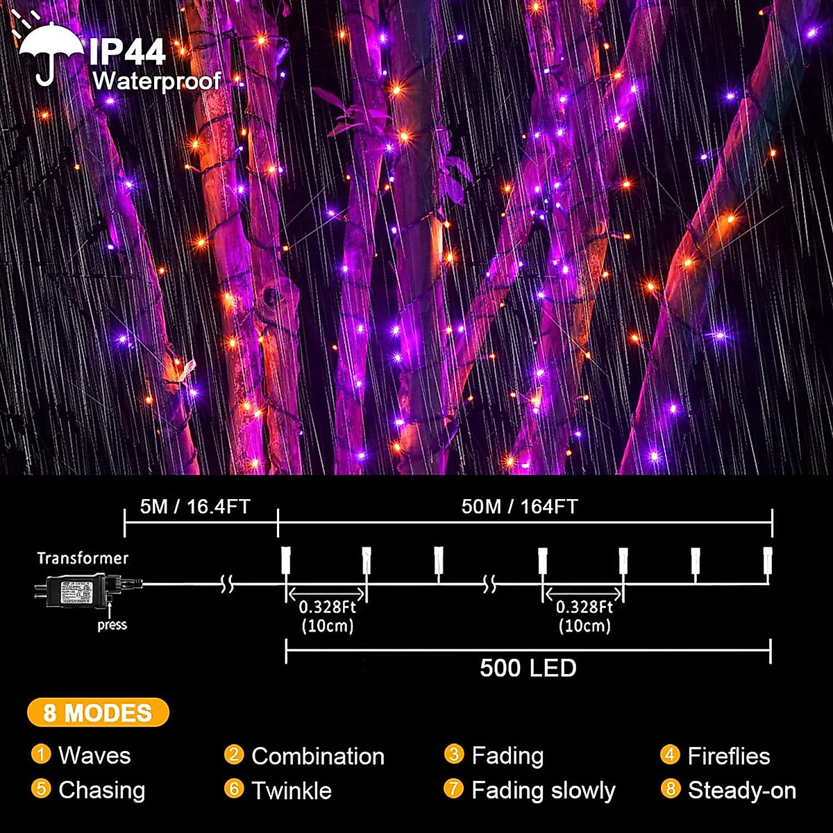 kemooie 500 LED Halloween Lights, 164FT 8 Lighting Modes Plug in Waterproof Fairy Lights for Outdoor Tree Lights Party Garden Balcony Halloween Decorations(Purple and Orange)