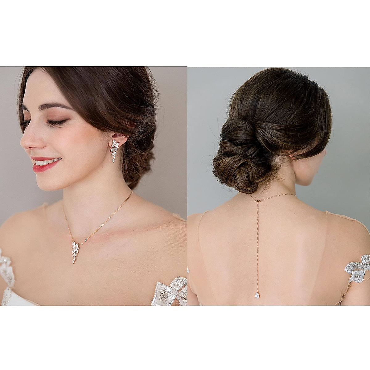 SWEETV Marquise Wedding Jewelry Set for Bride Bridesmaids, Rose Gold Bridal Jewelry Set for Wedding, Cubic Zirconia Crystal Necklace Earrings Set for Women