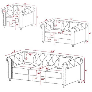 Melpomene 3 Pieces Blue Velvet Living Room Sofa Set Including 3-Seater Sofa Loveseat and Sofa Chair, with Button Tufted Nailhead and 5 White Villose Cushions (1+2+3 seat)