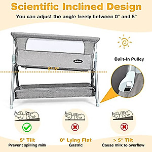 INFANS Baby Bassinet Bedside Crib, Newborn Sleeper w/Large Storage Basket, Adjustable Heights & Angle, Detachable &Washable Mattress, Breathable Mesh, Straps, Easy Moving Bed Side, Dark Grey