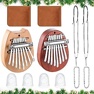 eBoot 10 Pieces 8 Keys Mini Piano Set Include Finger Thumb Piano with Lanyard Chain, Finger Protector and Cleaning Cloth Christmas Gift for Kids Adults Beginners(Oval, Cat Shaped, Wood)