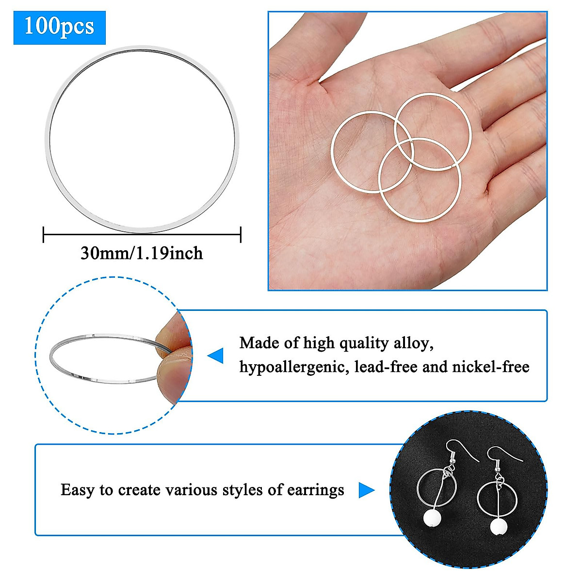 100Pcs Earring Hoops for Jewelry Making, 30mm Earring Finding Hypoallergenic Round Circle Earrings Beading Hoop Bulk Open Bezel Pendant Frame for DIY Earring Making Jewelry Finding(Gold)