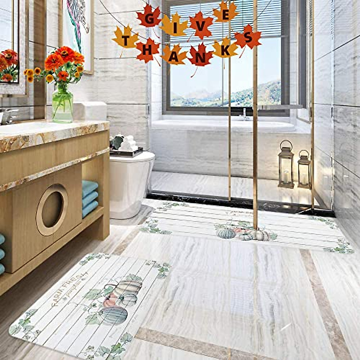 SUN-Shine Thanksgiving Pumpkin Fall Season Kitchen Rug Set 2 Pieces Cushioned Kitchen Floor Mats Comfort Soft Standing Doormat, Non Slip Rugs and Runner White Wood Board