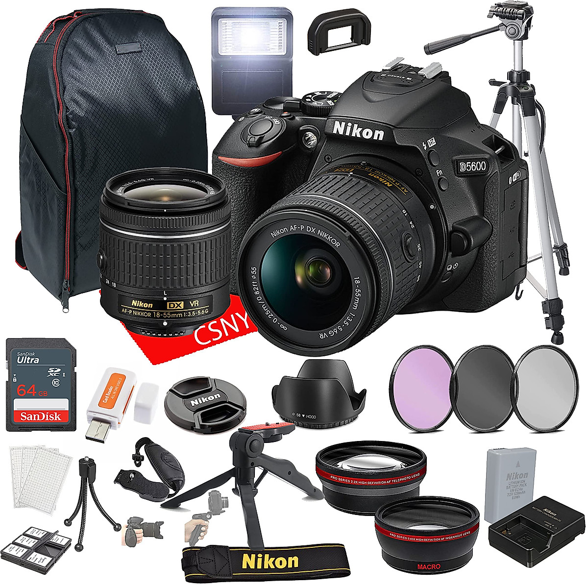 Nikon D5600 DSLR Camera Kit with 18-55mm VR Lens+ 64GB Memory + Back Pack Case + Tripod, Lenses, Filters, & More (28pc Bundle) (Renewed)