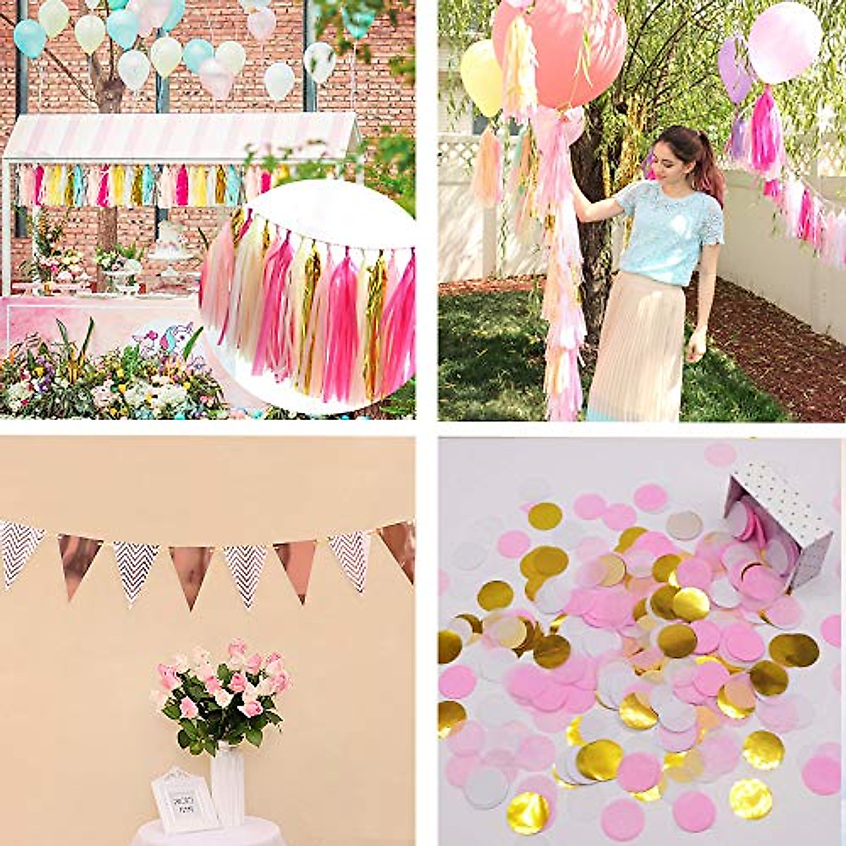 MerryNine Sparkly 40PCS Gold Pink Tassel Garland and 15PCS Paper Pennant Banner Triangle Flags Bunting and 10g Gold Paper Confetti