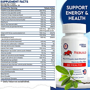 Adrenalwork Mens One a Day Multivitamin –- Includes Zinc, Magnesium, Vitamin B Complex, Iron, Essential Minerals+. Essential Multi Vitamins Supplements for Men