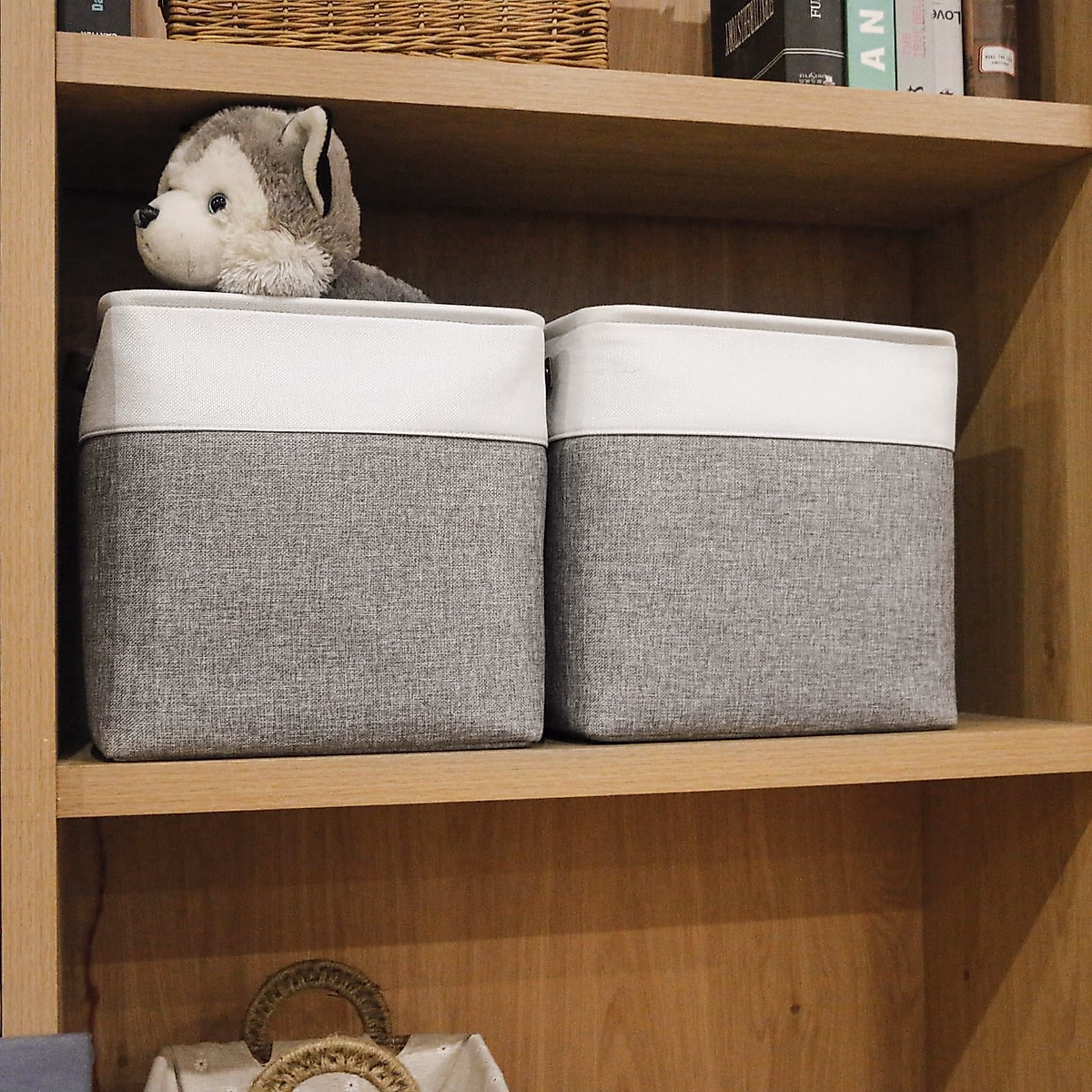 Bagnizer 13x13 Cube Storage Bins, Collapsible Fabric Storage Box, 4 Pack Closet Baskets with Handles for Organizing, Shelf, Toys, Clothes, Home, Office, Nursery (Grey&White)