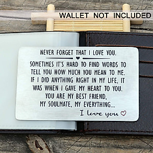 Anniversary Wallet Insert Card for Men or Women - Never Forget That I Love You, Engraved Wallet Insert for Boyfriend Husband Him, Birthday Wedding Deployment Gifts Cards for Couples