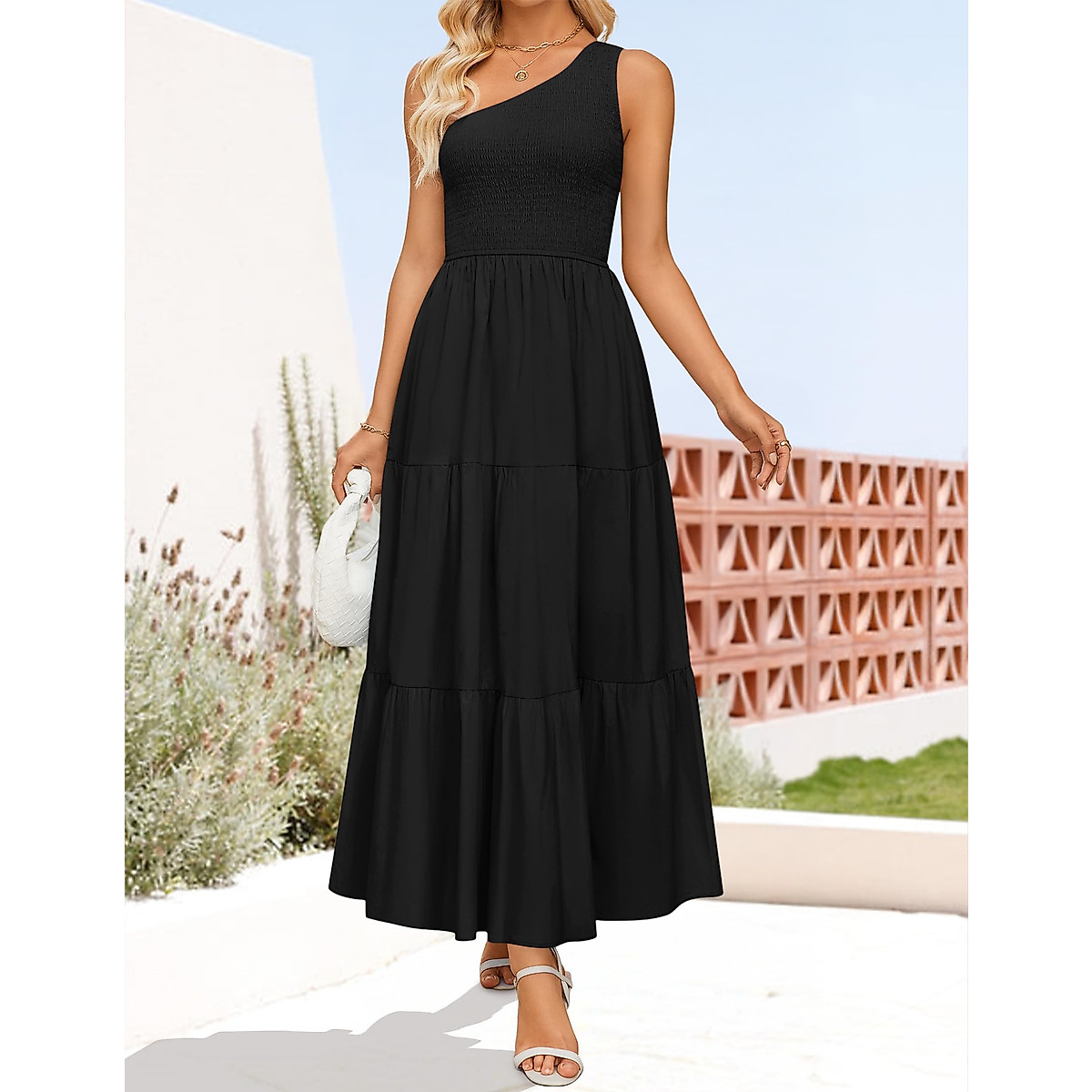 ZESICA Women's 2025 Bohemian Summer Floral Print One Shoulder Sleeveless Smocked Ruffle Tiered Beach Long Midi Dress,Black,Medium