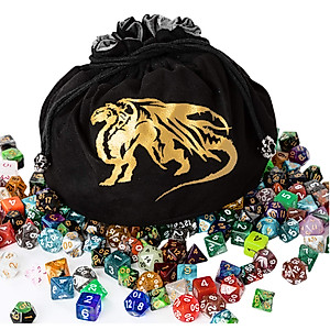 PUGED Large DND Dice Dragon Drawstring Bags with Pockets Black Storage Bag for RPG MTG Game Dices Capacity Over 300 Dice