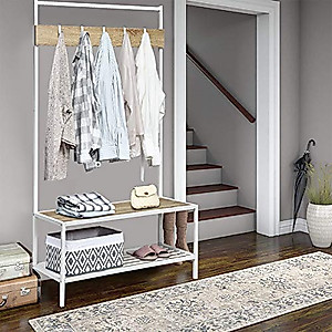 Tangkula Hall Tree with Bench and Shoe Storage, 3-In-1 Industrial Entryway Bench with Coat Rack, Wood Look Coat Rack Shoes Bench Storage Organizer for Home & Office, Coats/Hats/Shoes (Coffee)