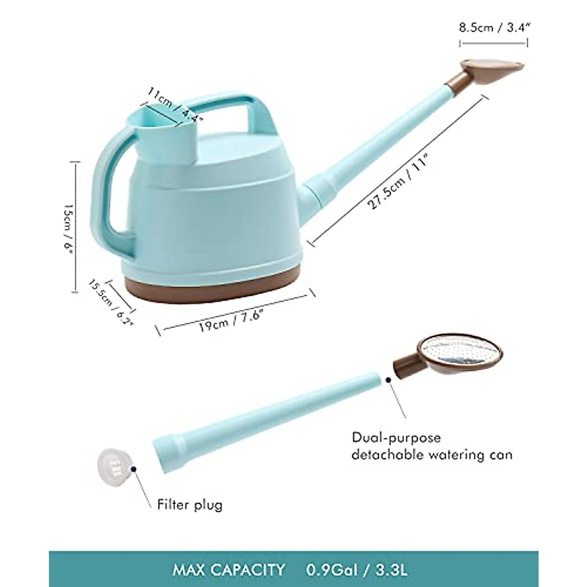 SAROSORA Outdoor Watering Can 0.9 Gallon Long Spout with Detachable Shower Head for Garden Flowers Plants (Blue, 3.3L/0.9GAL)