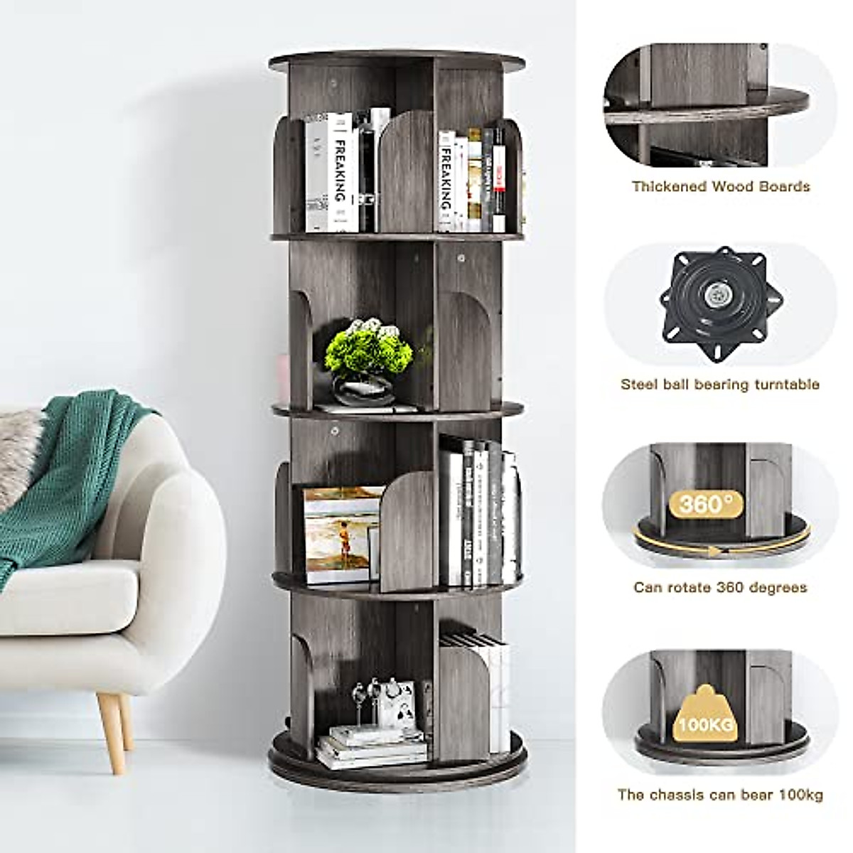 LAZEYARD Rotating Bookshelf, Rotating Bookshelf Tower for Small Space, 360 Display 4 Tier Floor Standing Storage Rack, Wood Narrow Book Shelf for Bedroom, Living Room