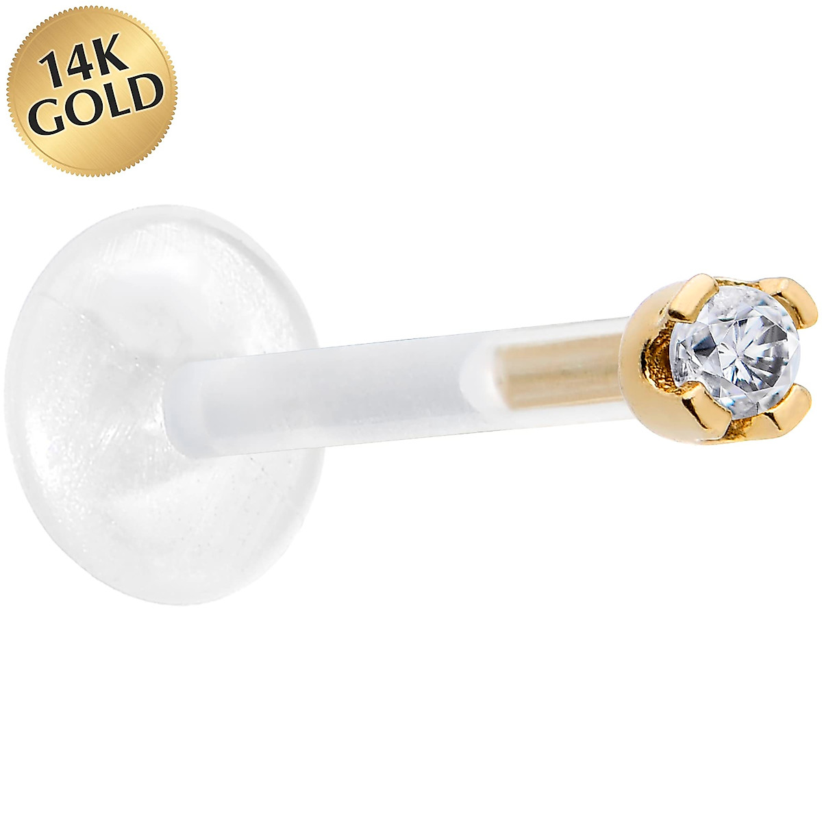 Body Candy 14k Yellow Gold 1.5mm CZ Bioplast Push in Labret Monroe 16 Gauge 3/8"