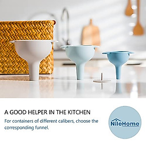 NileHome Funnels for Kitchen Use Removable Kitchen Funnels Set of 3 Food Grade PP Plastic Funnels Wide Mouth Oil Funnels with Strainer Filter for Filling Bottles, Liquid, Powder, Solid Particles