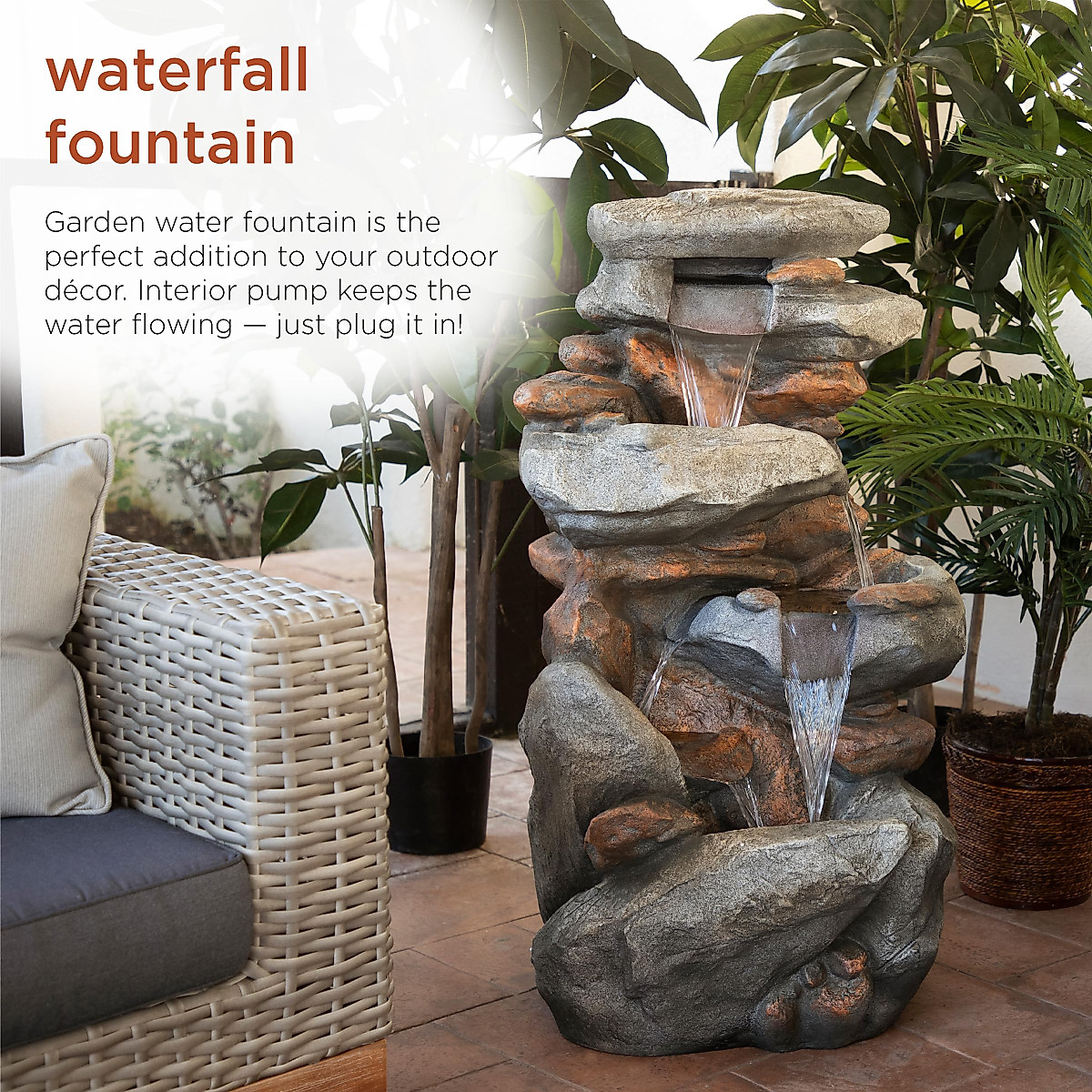 Alpine Corporation WIN316 Outdoor Floor 4-Tiered Rock Water Fountain for Garden or Patio with Natural Stone Look, 40", Light Gray