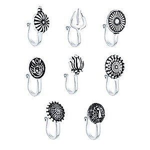 Yellow Chimes Antique Silver Oxidized 8 pcs combo set Ethnic Indian Traditional non-piercing Nose pin Jewelry for Women and Girls