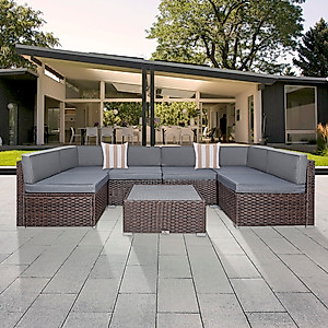 7 Piece Outdoor Patio Furniture Sets with Cushions, Outdoor PE Rattan Wicker Sectional Conversation Patio Couch Sofa Set with Coffee Table, for Garden, Deck, Poolside, Gray