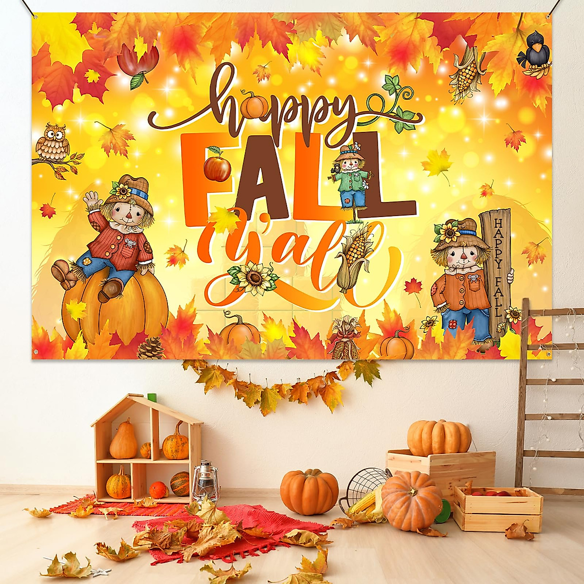Happy Fall Y'all Backdrop-Scarecrow Party Decorations Thanksgiving Maple Leaves Pumpkin Banner Photo Background for Autumn Decor