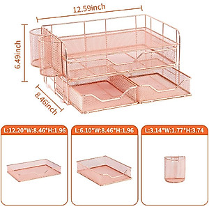 Youbetia Desktop Organizer, 3 Drawer Jewelry Organizer with Pen Holders, Rose Gold, for Office Supplies and Skincare