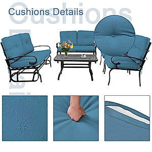 Incbruce 5 Pcs(6 Seats) Outdoor Metal Furniture Sets Wrought Iron Patio Conversation Sets, (Glider, 2 Single Chairs, Loveseat, and Coffee Table) with Cushion (Peacock Blue)