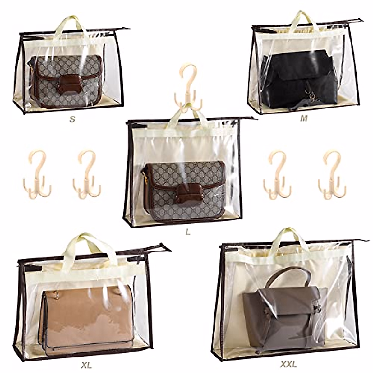 MYKASEN 5Sizes Handbag Storage Organizer Dust Cover Bag, Clear Handbag Purse Protector Storage Bag with Sturdy Handles Zippers 5Pcs Purse Hanger Anti-dust Waterproof for Hanging Closet Shelf (Beige2)