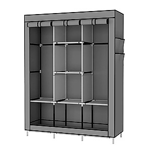 UDEAR Portable Wardrobe Closet Clothes Organizer No-Woven Fabric Cover with 6 Storage Shelves, 2 Hanging Sections and 4 Side Pockets，Grey