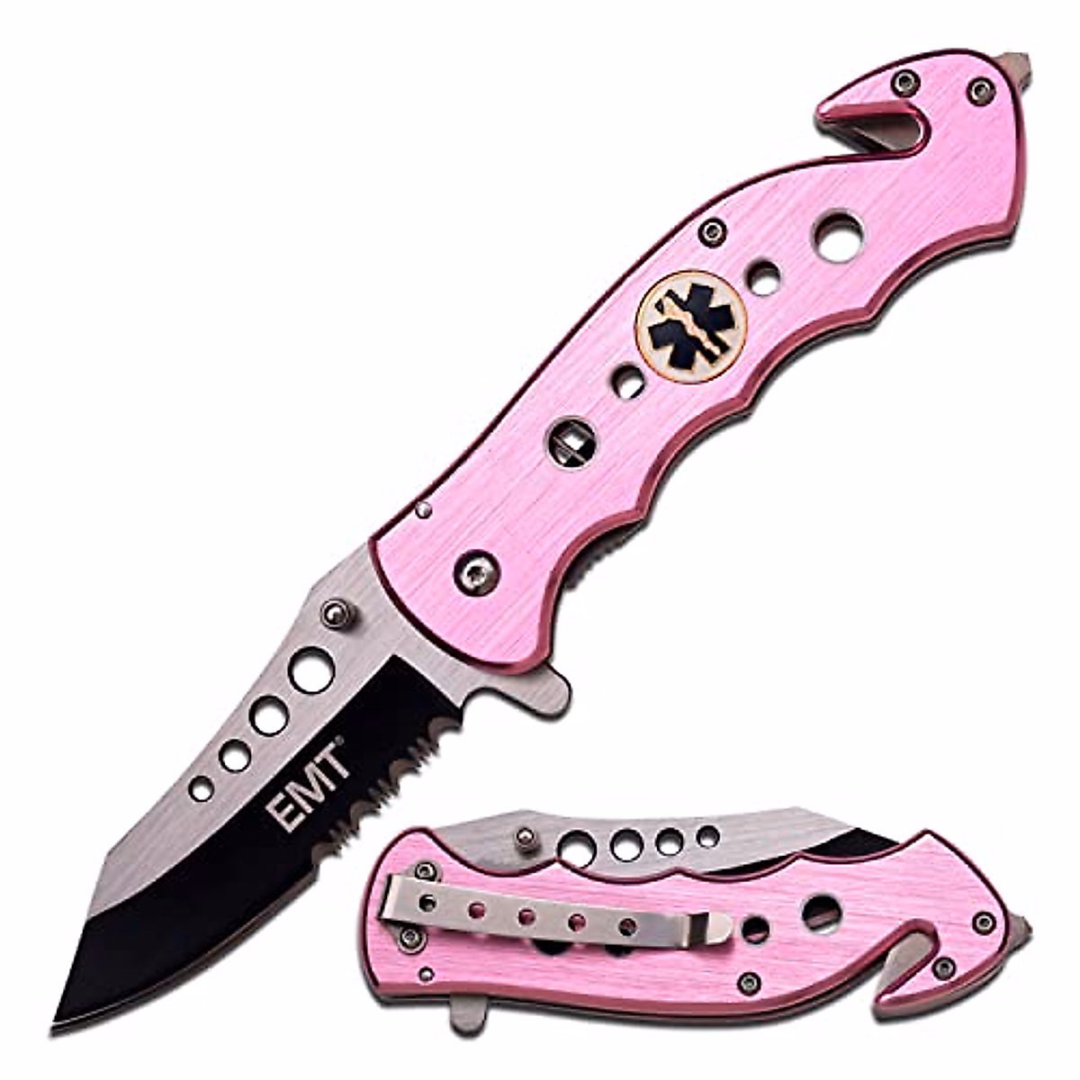 TAC FORCE Spring Assisted Folding Pocket Knife – Black/Satin Partially Serrated Blade, Pink Aluminum Handle with EMT Logo, Rope Cutter, Glass Punch, Pocket Clip, Tactical, EDC, Rescue - TF-498PEM