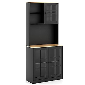 Byroce Kitchen Pantry with Cabinets & Open Shelves, Modern Tall Cabinet with Large Countertop, Glass Doors, Adjustable Shelves, Buffet Cabinet Cupboard for Kitchen, Living Room, Dining Room (Black)