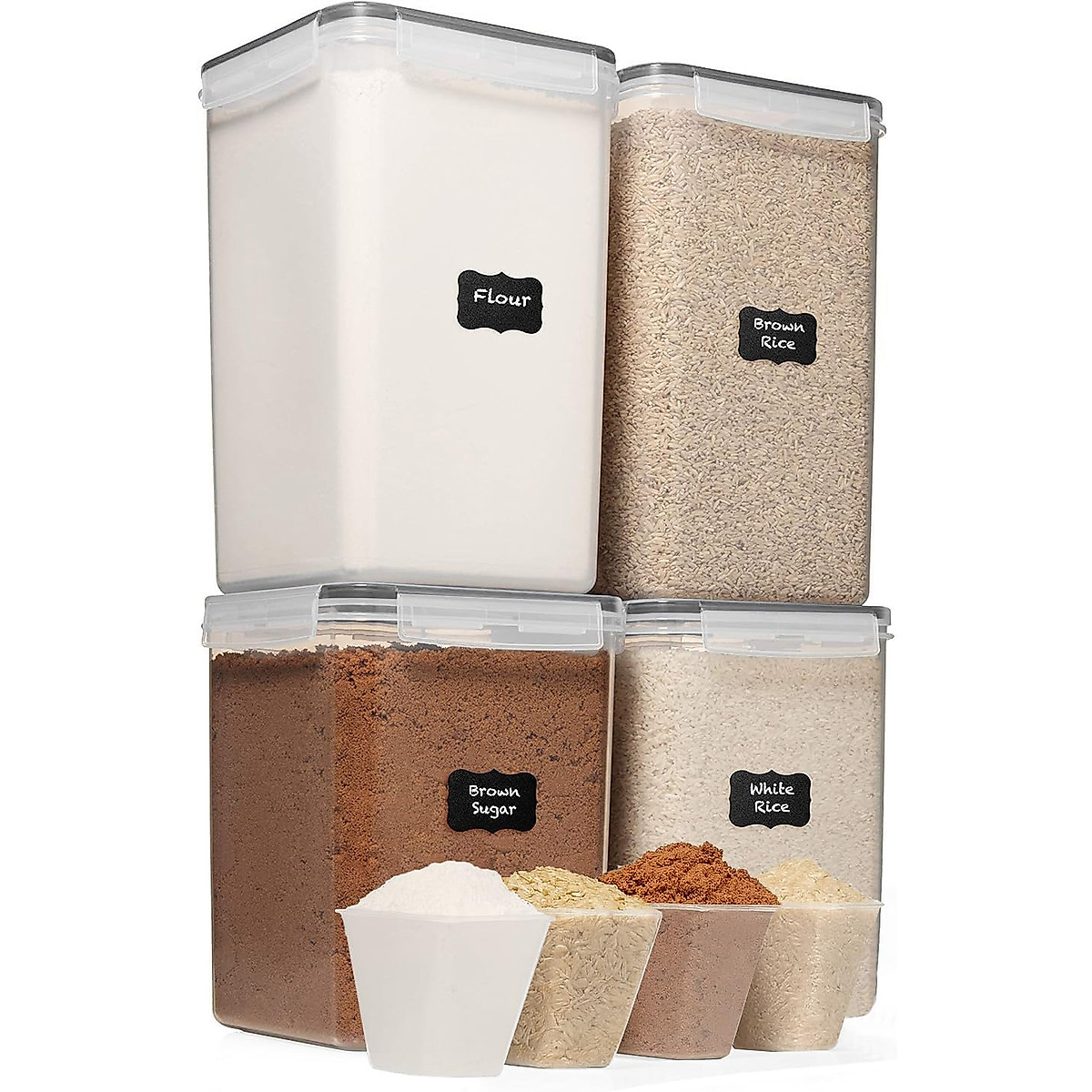 XXL 6.5L / 250 Oz x 2 & XL 5.2L / 175 Oz x 2 - WIDE & DEEP Food Storage Airtight Containers [Set of 4] + Free 4 Measuring Cups + Labels - Ideal for Sugar, Flour Leakproof BPA Free Clear Plastic