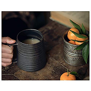 globe faith Large Handmade Pottery Coffee Mug, Unique Matte Metallic Antracite Ceramic Coffee Cup, Annular Texture Big Handle Clay Tea Mug for Home, Office or Gifts, Microwave & Dishwasher Safe,16 oz