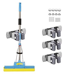 Mokife Mop Broom Holder Wall Mounted Heavy Duty, 4 Pack Stainless Steel Self Adhesive Tools Storage Organizers for Utility Room, Kitchen, Bathroom, Garage, Laundry, Garden and Office