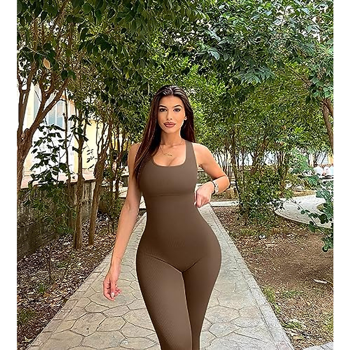 OQQ Women's Yoga Workout Ribbed Sleeveless Racerback Padded Sports Exercise JumpSuit Bra, Coffee, Small