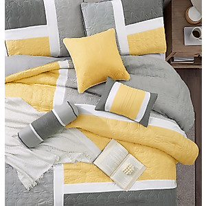 Grand Avenue Grey Yellow Comforter Set Queen Size, 7 Piece Quilting Soft Bedding Set, All Season, Matching Shams, Bedskirt, Decorative Pillows