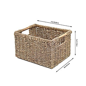 Teri Tale Seagrass Storage Baskets with Wooden Handles, Rectangular Wicker Baskets for Organizing - Decorative Wicker Storage Basket for Living Room (Large)