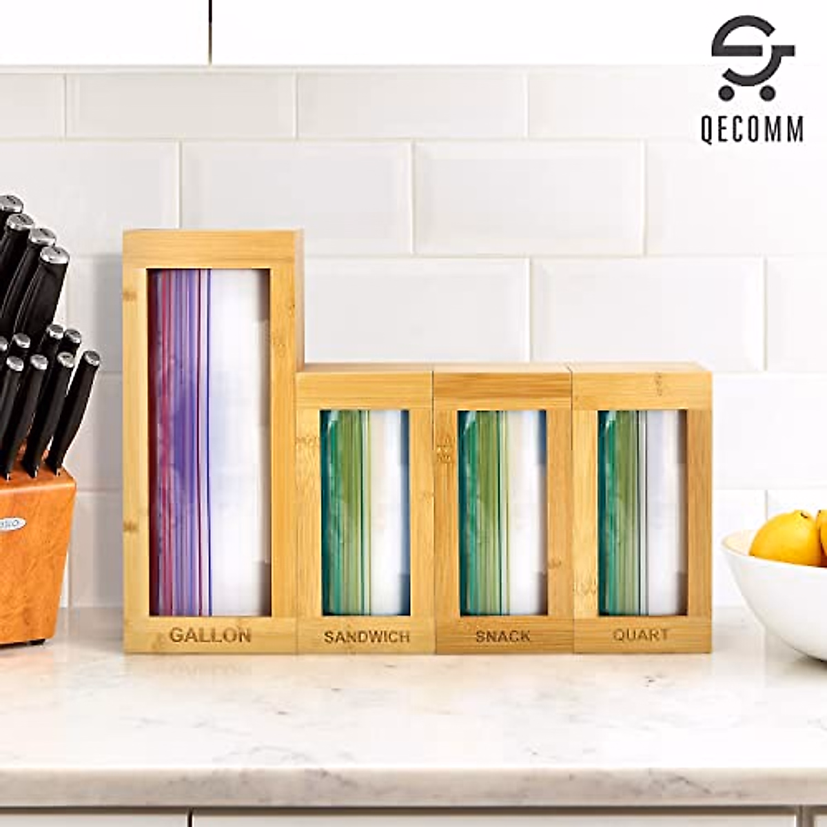 QECOMM Configurable Ziplock Bag Organizer- Baggie Organizer For Drawer Compatible With Gallon, Sandwich,Quart and Snack Variety Size Bags (4 Separate Boxes)