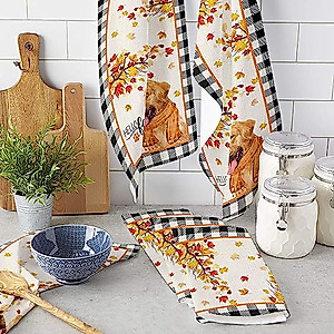 Yun Nist Kitchen Dish Towels,Golden Retriever Fall Orange Leaves Soft Microfiber Dish Cloths Reusable Hand Towels,Thanksgiving Dog Plaid Washable Tea Towel for Dishes Counters 1 Pack