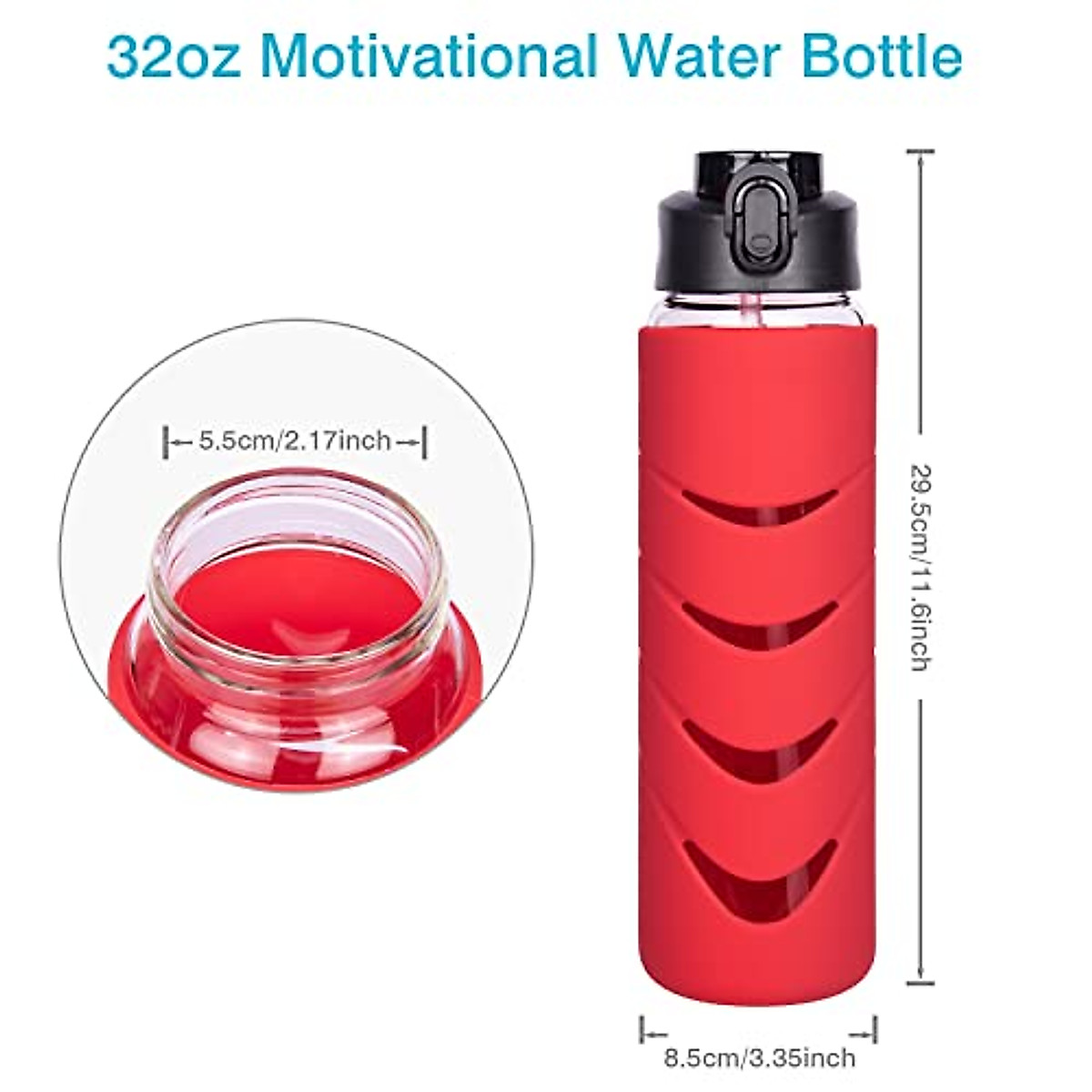 Justfwater 32 oz Borosilicate Glass Water Bottle with Straw Reusable Glass Drinking Bottle with Flip Top Lid and Silicone Sleeve (Red)