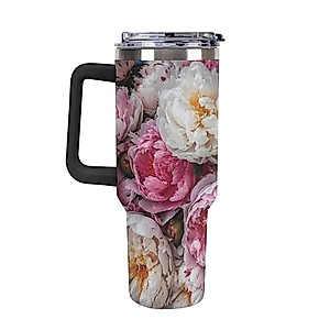 STVNKML 40 Oz Tumbler with Handle Peach And White Peonies Stainless Steel Coffee Mug Reusable Travel Mug Leak-proof Insulated Car Cup Large Capacity Tumbler for Travel, Outdoor, Home Use (Black)