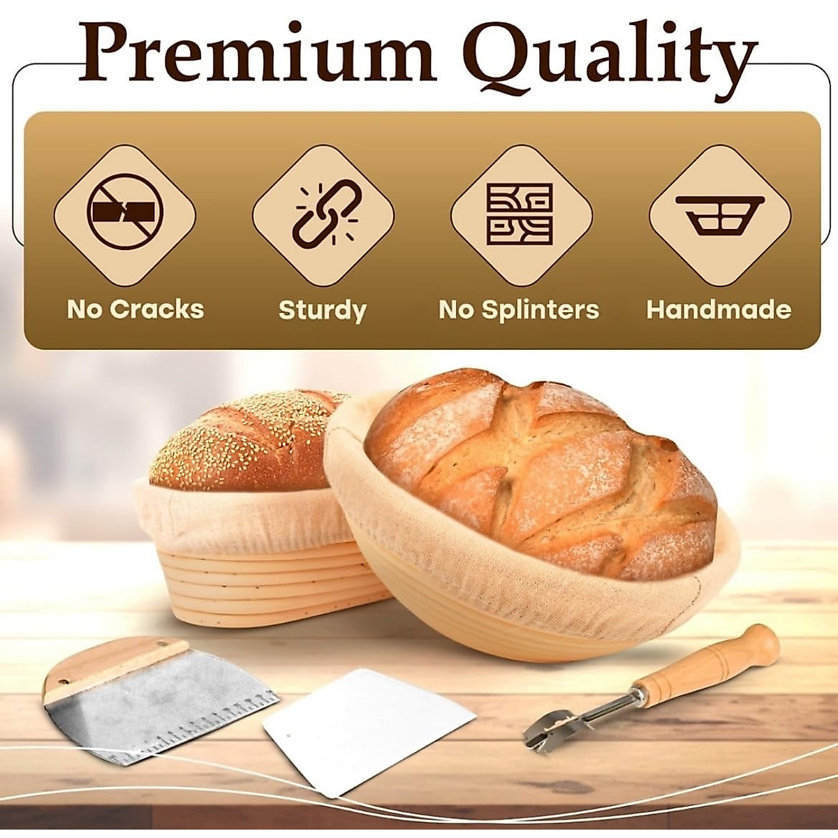 Banneton Bread Proofing Basket Set of 2-9 inch Round & 10 inch Oval Sourdough Basket, Sourdough Bread Kit with Bread Lame, Dough Scraper, Dough Whisk and Linen Liners, Bread Making Tools and Supplies