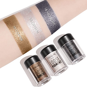 FOCALLURE 3 Pcs Mineral Eyeshadow Pigment,Waterproof Loose Glitter Eyeshadow,Long Lasting Sparkling Finish Eye Shadow with High-pigment Formula,Easy to Create High-impact Eye Looks,Smokey Metallics