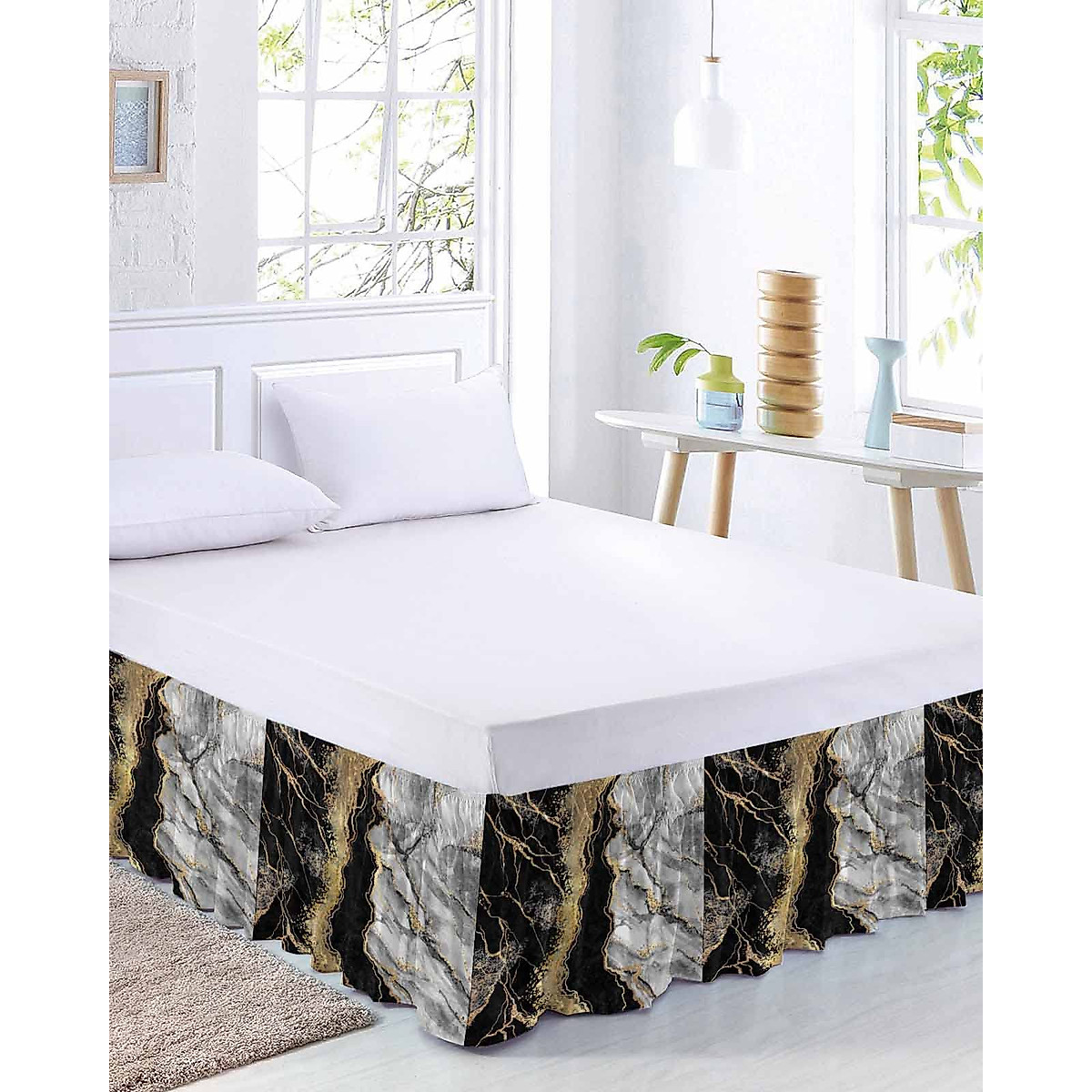 Marble Black Bed Skirt Cal King Size 18 Inch Drop, Adjustable & Elastic Wrap Around Bed Skirts Pleated Luxury Dust Ruffles for Twin Full Queen Cal King Base Bed, Gold Grey Modern Abstract Marbling