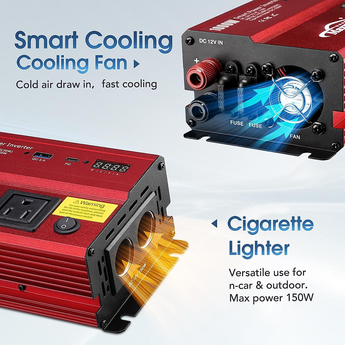 Inverter 1000W Car Power Inverters,12v DC to 110v AC Converter with Dual AC Outlets 3.0A USB and Type-C,12 Volt Inverter Car Cigarette Lighter Battery Inverter for Vehicles, Power Inversor 1000Watts