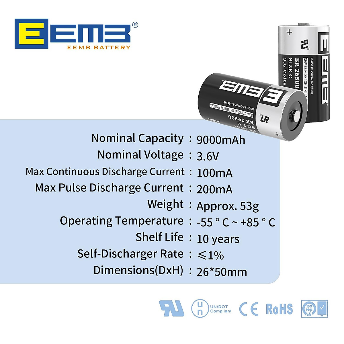 EEMB 10Pack ER26500 C Size 3.6V Lithium Battery High Capacity Li-SOCL₂ Non-Rechargeable Battery LS26500 SB-C01 TL-2200 for Automobile tire Pressure Monitor,Smart Card,Electricity Meter,Wireless Tools