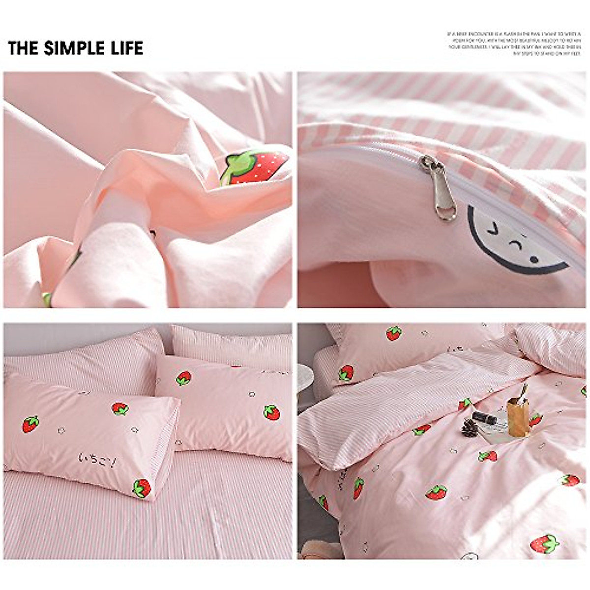 AOJIM Duvet Cover Set Pure Cotton Cute Pink Anime Bedding Set 3 PCS with Zipper Closure, 1 Kawaii Strawberry Duvet Cover and 2 Pillowcases, Japanese Style Quilt Cover Queen, No Comforter