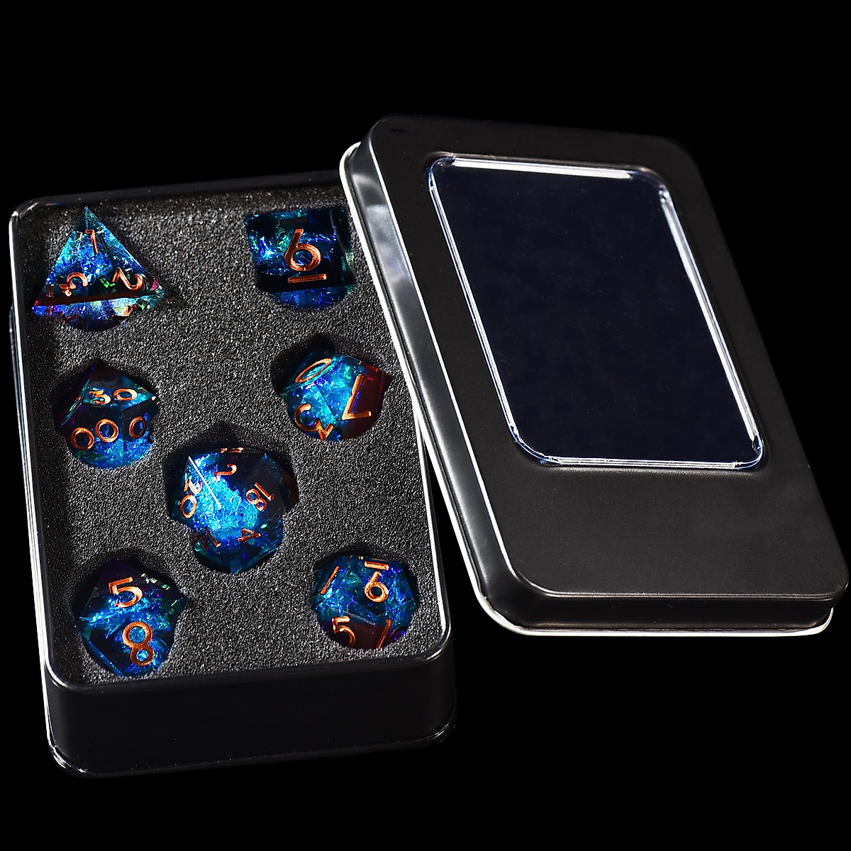 AUSTOR 7-Die DND Dice Set Handmade Sharp Edge Polyhedral Dice for Dungeons and Dragons RPG MTG Table Games（Flame Red & Ice Blue）