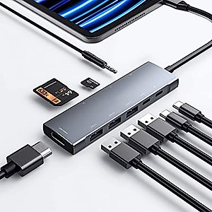 USB C HUB for iPad Pro 9-in-1 Adapter iPad Pro M4 M2 M1 13 12.9 11 inch iPad Air 5 4 Docking Station with 4K HDMI, USB-C PD, SD/TF Card Reader, USB 3.0, 3.5mm Headphone Jack, Type C Data, iPad Mini 6