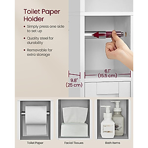 VASAGLE Over The Toilet Storage Shelf, Bathroom Storage Cabinet with Sliding Door, Adjustable Shelves, Toilet Paper Holder, Space-Saving, Modern, 9.8 x 32.7 x 66.9 Inches, Cloud White UBTS018W01