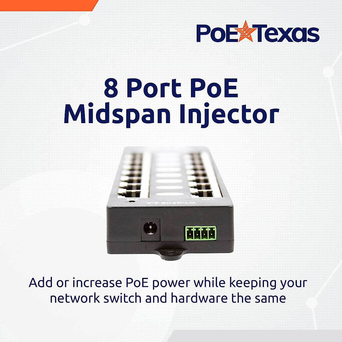 PoE Texas 8 Port PoE Injector - Gigabit Passive Power Over Ethernet Midspan - Front Wall Mount Solution for Security Cameras, IP Phones, WiFi APs - Add PoE to Non-PoE Switch (Without Power Supply)