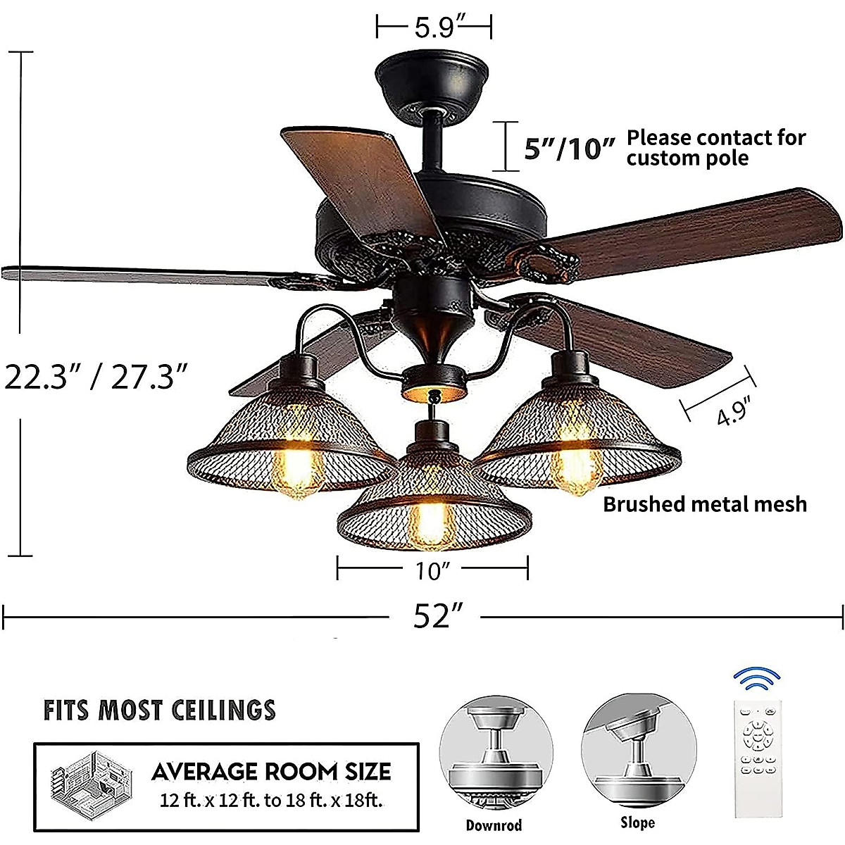 Bagood Farmhouse Ceiling Fan with Light 52 Inch Ceiling Fan with Light Rustic Ceiling Fan with 5 Reversible Wood Blades Vintage Ceiling Fan with Light and Remote for Bedroom Living Room Dining Room